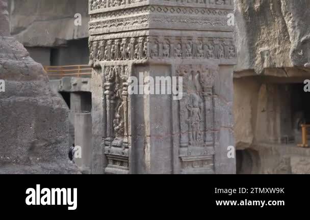 Different designs and symbols made over pillar inside the ellora caves ...