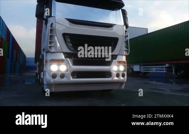 Truck in container depot, wharehouse, seaport. Cargo containers ...