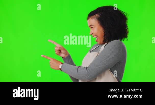 Face, entrepreneur or woman with green screen, pointing or startup ...