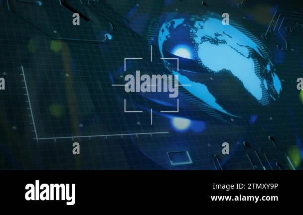 Animation of scope scanning over interface with data processing, light spot and spinning globe ...