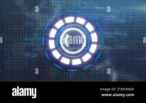 Animation of round scanner and dna structure spinning over data processing against blue ...