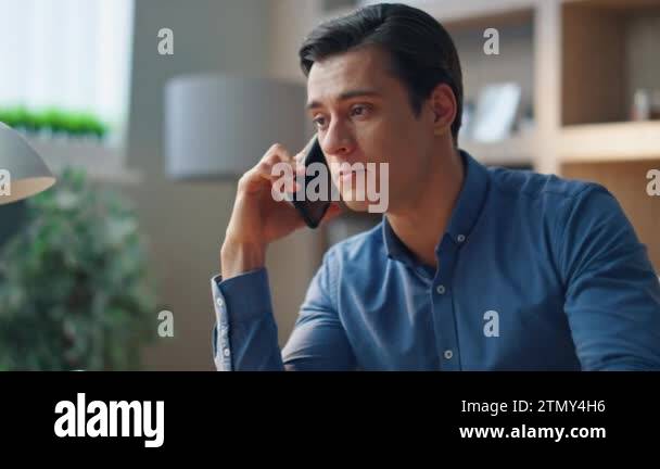 Emotional manager yelling smartphone call at business cabinet closeup ...