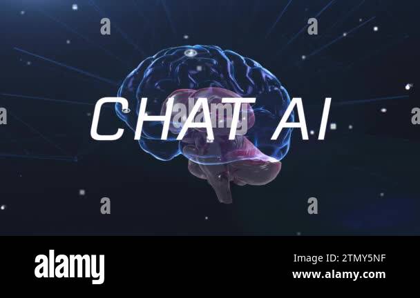 Animation of artificial intelligence chat text and data processing over human brain. Global ...