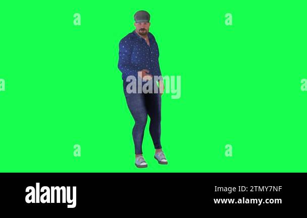 Greeting fat man in blue clothes and gray hat from front view on green ...