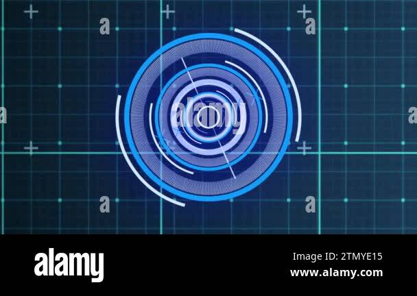 Animation of neon round scanner spinning over grid network against blue background. Computer ...