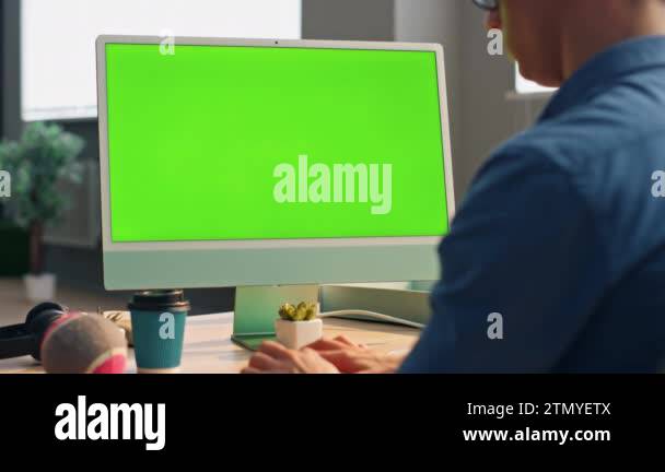 Businessman Texting Chromakey Computer Keyboard At Office Closeup