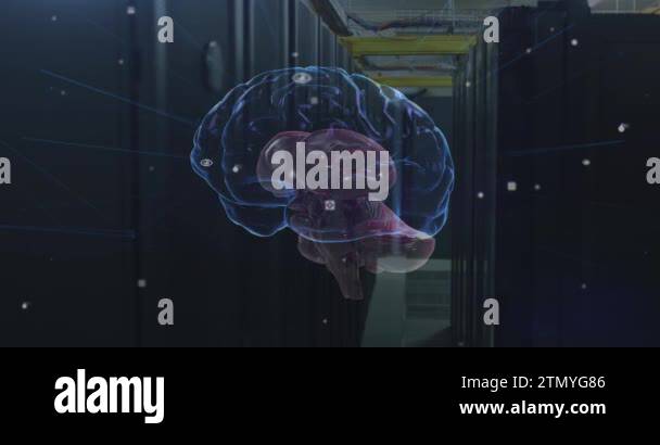 Animation of white spots and human brain icon spinning against computer server room. Medical ...