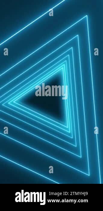 Vertical video animation of many triangles in neon blue on dark ...