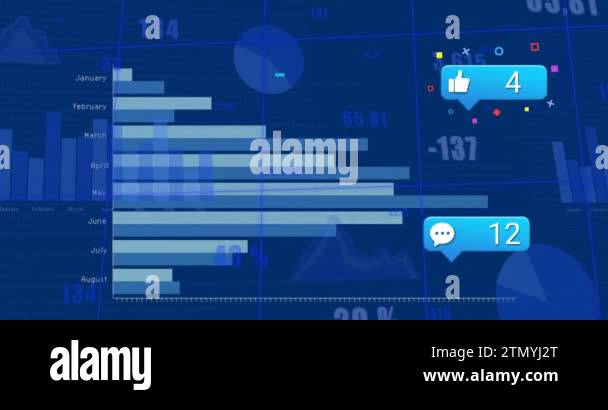 Animation of social media icons over statistical data processing ...
