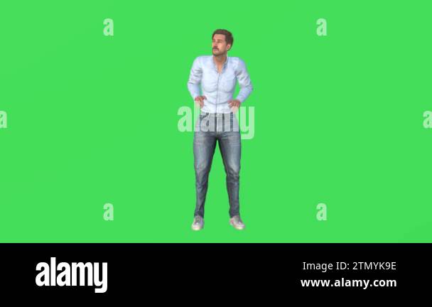 3D Australian man on green screen being afraid of loud noise in chroma ...