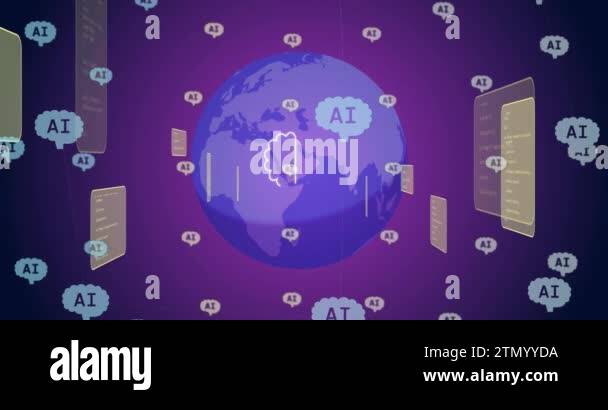 Animation of ai chat and data processing over globe on purple background. Global artificial ...