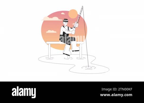 Fishing in sunset bw animation. Animated african american fisherman on ...