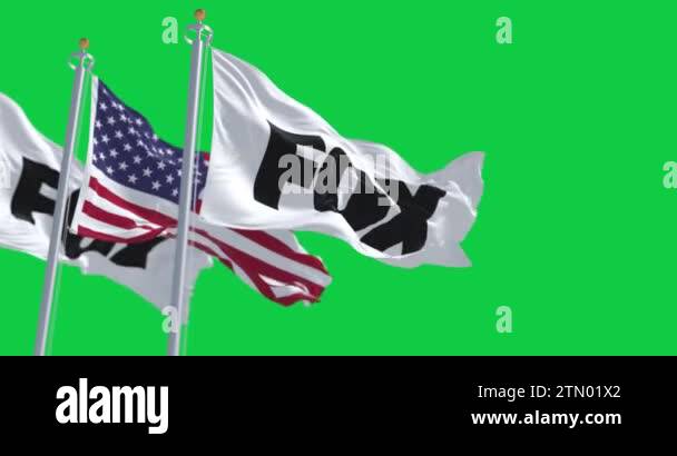 New York, US, Apr. 2023: F Fox and US national flags waving isolated on ...