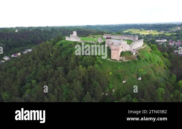 Ancient ruins of Kremenets Castle on a hill from a birds eye view ...