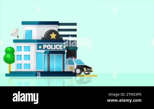 Police station and car, department building. 3d animation of police car ...