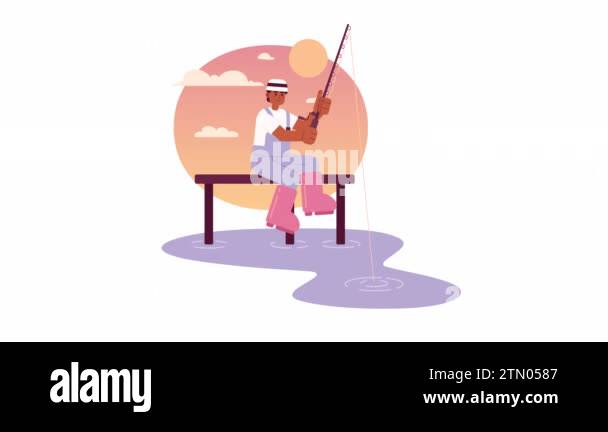 Fishing in sunset animation. Animated african american fisherman on ...