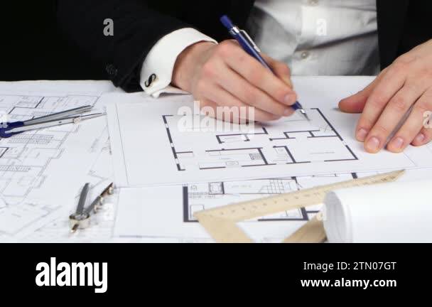 Made engineer corrects errors on the pencil drawing. Close up Stock ...