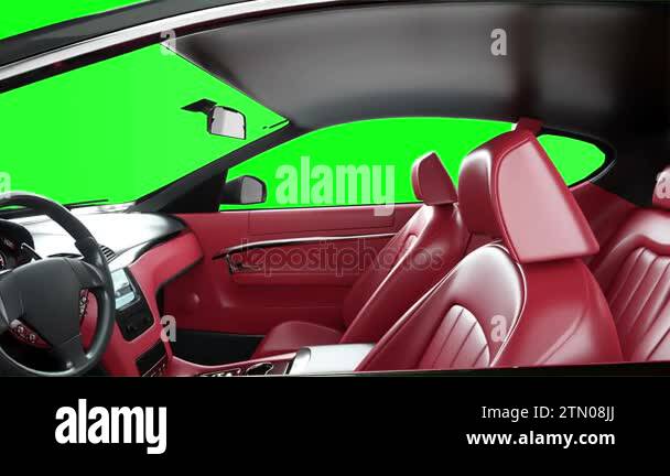 red leather interior of luxury black sport car. Green screen footage ...