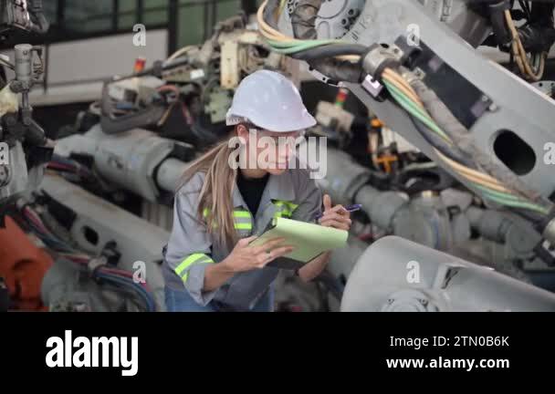 Maintenance engineer worker working with robotic machine automation at factory, Female ...