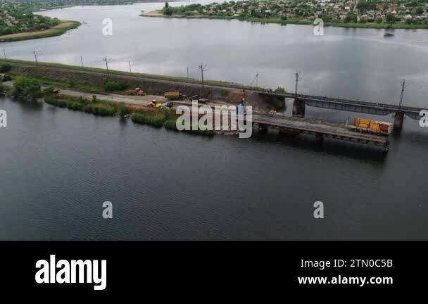 Pontoon bridge of the Ukrainian army. Installation of a temporary ...