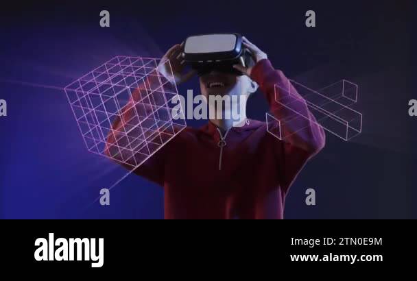 Animation of glowing 3d shapes of data transfer over asian man in vr ...
