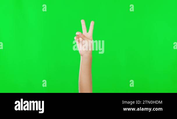 Hands, green screen and closeup of a peace sign in a studio for ...