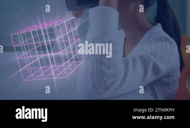 Animation of glowing 3d shapes of data transfer over asian girl in vr ...