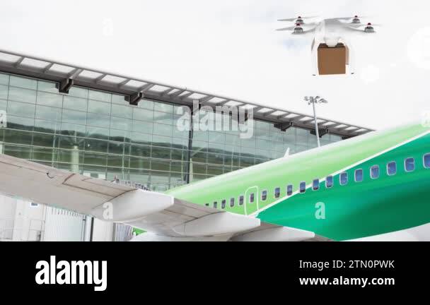 Animation of connected icons, drone carrying cardboard box, parked ...