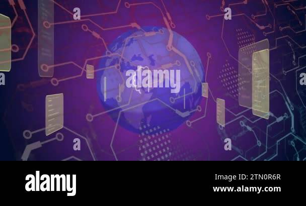 Animation of ai chat and data processing over globe on purple background. Global artificial ...