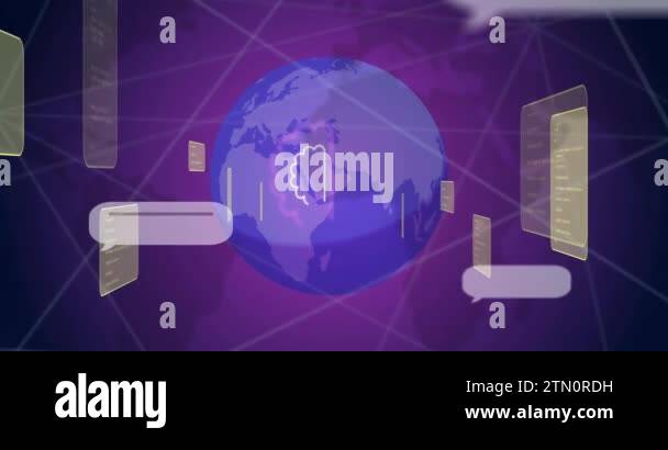 Animation of ai chat and data processing over globe on purple background. Global artificial ...