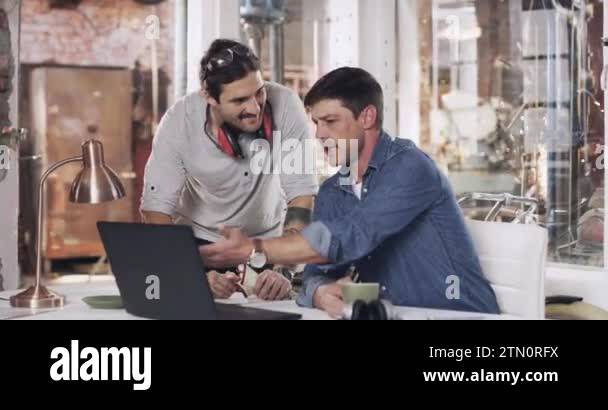 Men in workshop, metal worker and laptop, teamwork with steel work plan ...