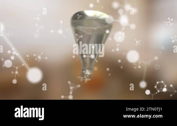 Animation of laboratory glass bottle spinning over molecules background ...