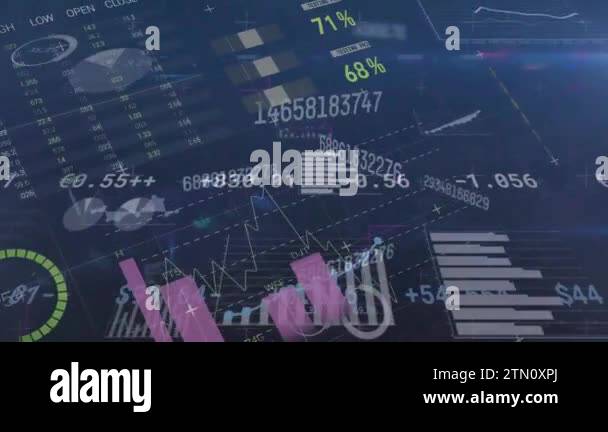 Animation of multiple changing numbers and statistical data processing against blue background ...