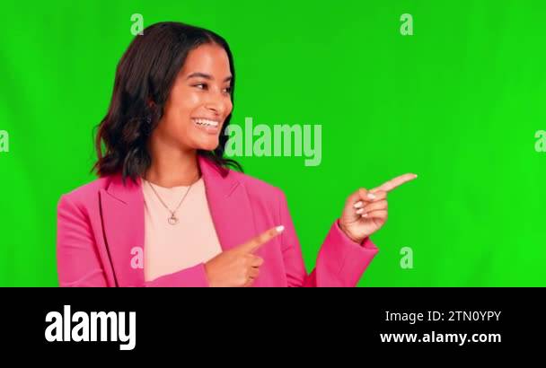 Business woman, studio green screen and hands pointing to mockup space for announcement ...