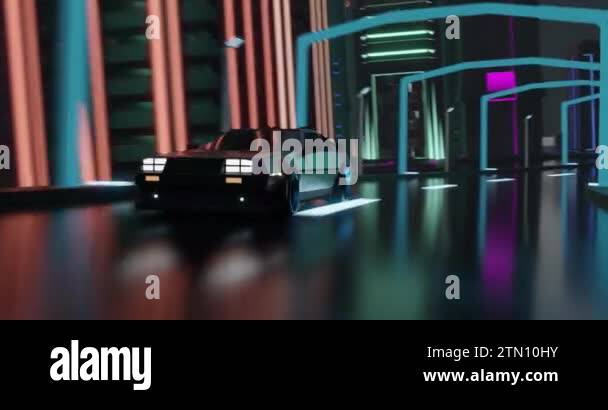 Animation of car driving in neon lit city at night background. Video ...