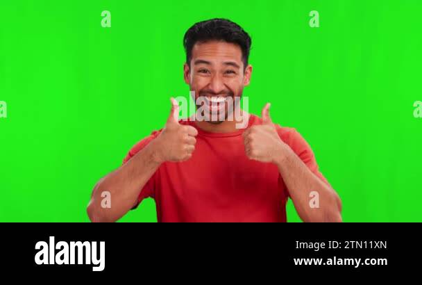 Thumbs up, green screen and portrait of man with like, yes and thank ...