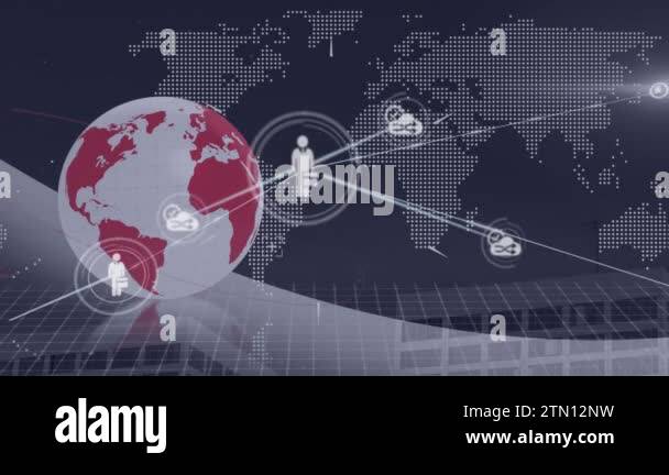 Animation of connected icon over rotating globe, maps and lens flare ...