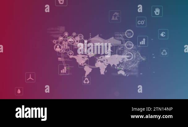 Animation of scope scanning over multiple digital icons over world map ...