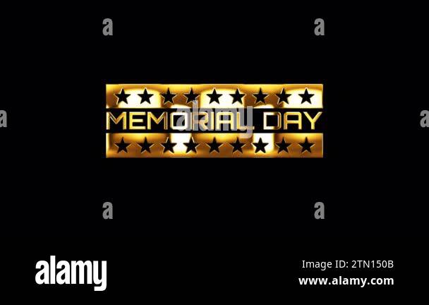 Loop of Memorial Day word text with golden shine nameplate animation glitch effect on black ...