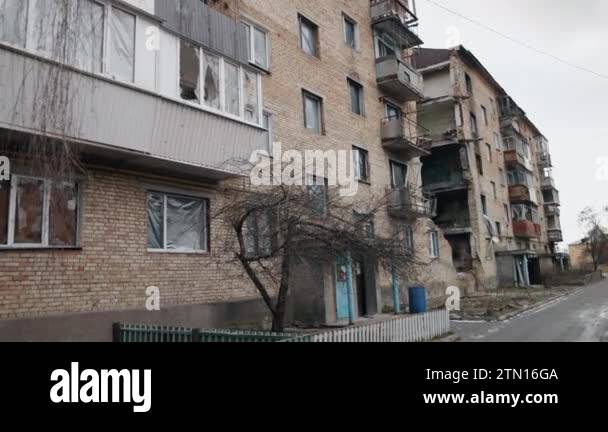 Russias war, ruined building, burned houses. In aftermath of war in ...