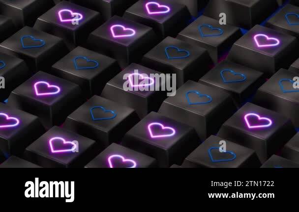 Closeup keyboard buttons with neon hearts symbols. Modern loop 3d ...