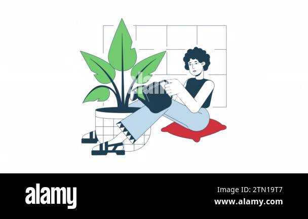 Watering plant animation. Animated curly hair woman 2D cartoon flat ...