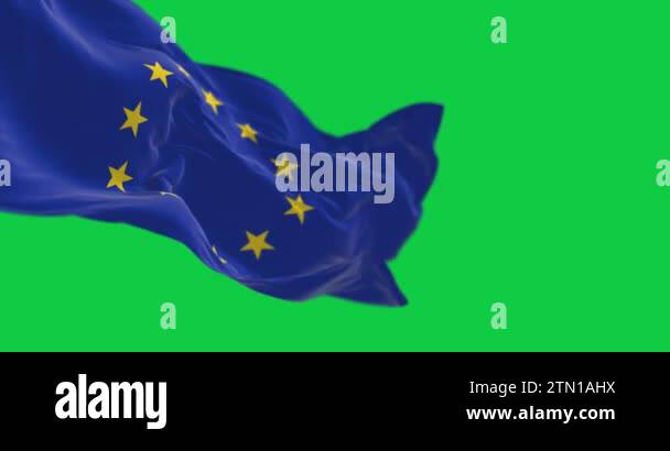 European Union flag waving isolated on a green background. Political ...