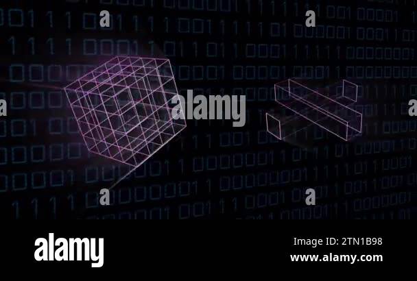Animation of 3d pink shapes over binary coding on black background ...