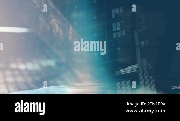 Animation of interface with data processing and light spots against blue background. Computer ...