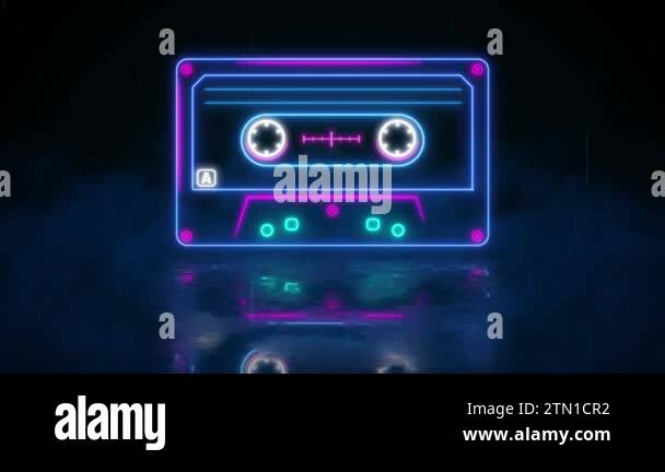 Neon cassette on reflective wet floor, lights up and goes out. Cassette ... Neon cassette on reflective wet floor, lights up and goes out. Cassette ...