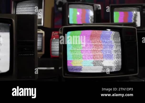 Retro TV Turning On Chroma Key Green Screen Among Many Vintage ...