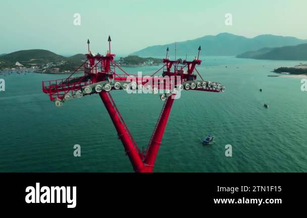 Top view above around huge structure of the power tower of the cable ...