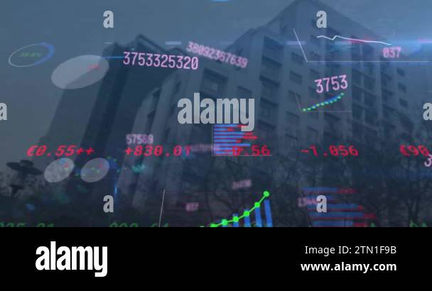Animation of changing numbers, graphs, trading board and loading circles over modern buildings ...
