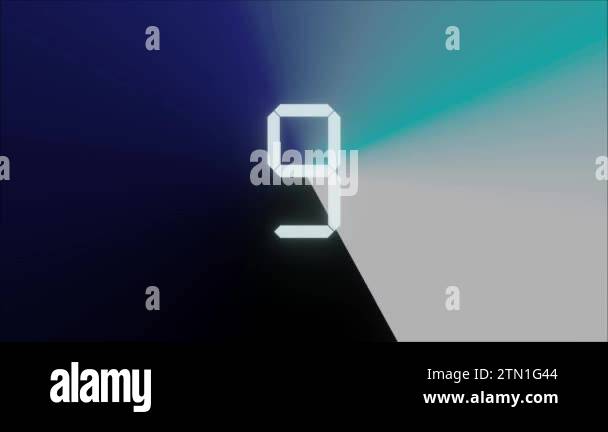 Blinking and rotating LCD countdown numbers from 10 to 1 on blue and ...